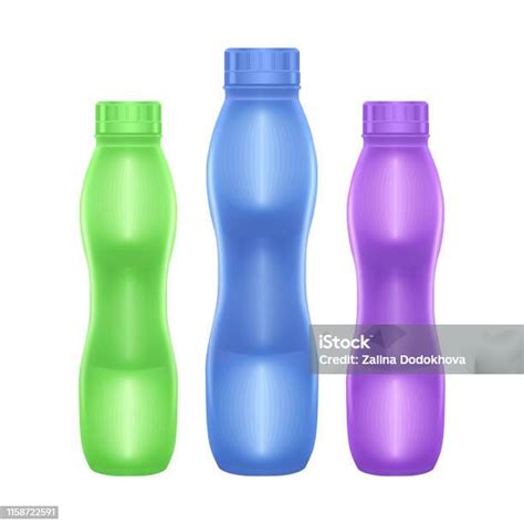 우유 또는 요구르트 마시는 요구르트병용 녹색 파란색 및 보라색 색상의 빈 병 세트 3차원 형태에 대한 스톡 벡터 아트 및 기타