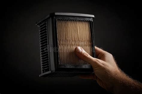 Hand Holding Rectangular Air Filter Against Black Background Stock Image Image Of Maintenance
