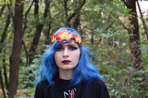 Девушка с синими волосами в короне осенние листья Стоковое Фото изображение насчитывающей