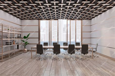 탁 트인 창문을 통해 도시 전망과 가구를 갖춘 고급스러운 탑승실 내부 목재 및 콘크리트 벽과 바닥 상업용 작업 공간 개념 3d 렌더링 프리미엄 사진