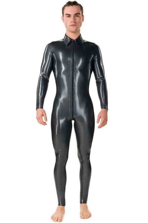 Carlson Mens Latex Rubber Catsuit With Two Way Zip And Striking Collar