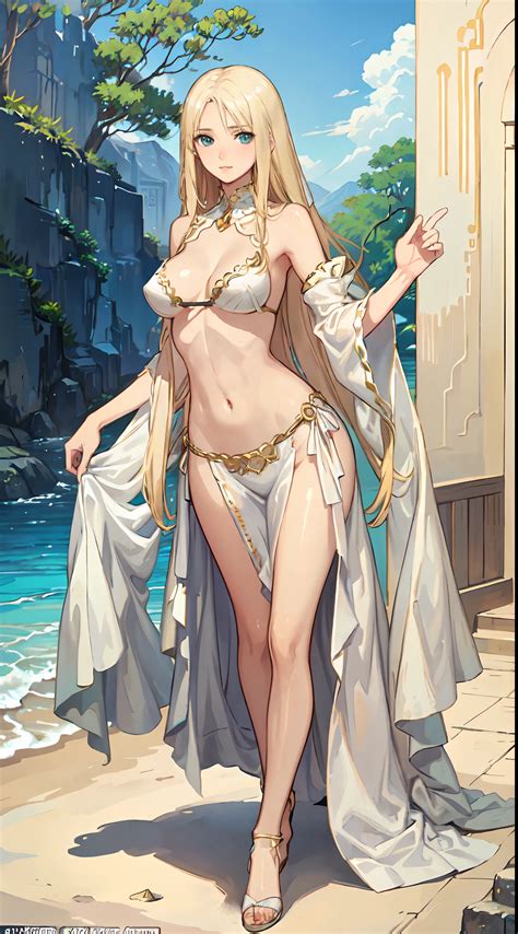A Woman In A Bikini And Cape Standing On A Beach Seaart Ai