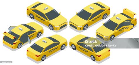 여러 개의 노란색 택시 차량이 열린 문과 닫힌 문과 트렁크가 있는 아이소메트릭 벡터 뷰로 다양한 기능과 각도를 보여줍니다 택시 운송 서비스 택시 자동차 공유 개념에 대한