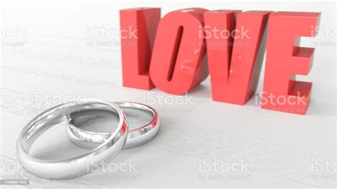 사랑 단어 3d 렌더링 앞에 흰색 식탁보에 누워 고립 된 결혼 반지의 쌍에 매크로 3차원 형태에 대한 스톡 사진 및 기타 이미지 3차원 형태 Junts Pel Sí