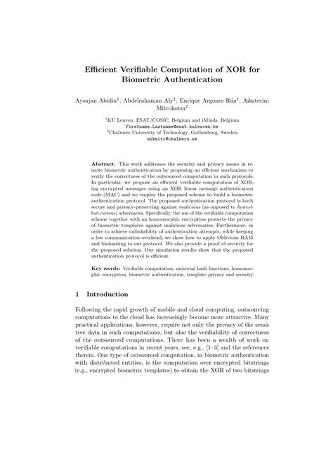 Pdf Efficient Verifiable Computation Of Xor For Biometric Authentication