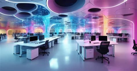 Futuristic Office With Neon Ceiling Open Workspace Sleek Desks Ergonomic Chairs Digital