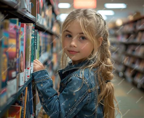 Close Up Of Two Young Girls Exploring Bookshelves In A School Library Setting Premium Ai