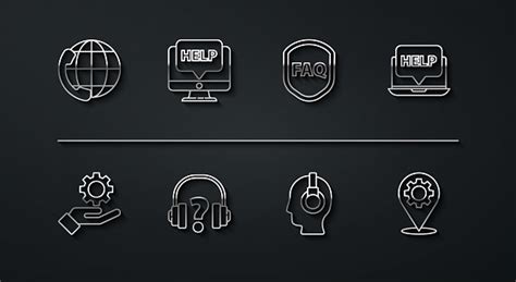회선 전화 24시간 지원 손 안의 설정 노트북 도움말 지원 운영자 터치 헤드폰 컴퓨터 모니터 기어가 있는 위치 및 방패 텍스트 Faq 아이콘 벡터 0명에 대한 스톡 벡터