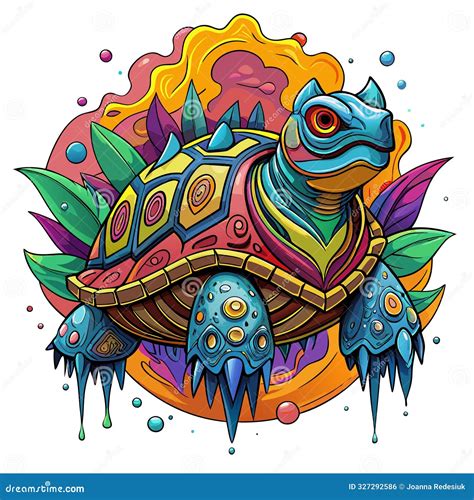 A Turtle With Spikes On Its Shell And Dripping Colors From Its Claws And Bod Stock Photo
