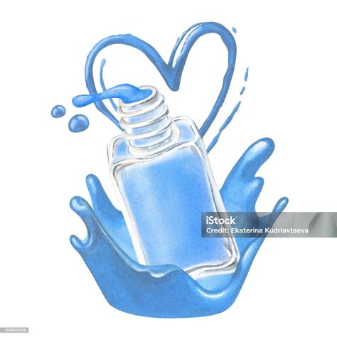 수채화 그림입니다 페인트가 튀는 파란색 매니큐어 흰색 배경에 격리되어 있습니다 매니큐어 마스터 미용실 화장품 매장에서 스티커 포스터 로고 지문을 만들 수 있습니다 따르기에