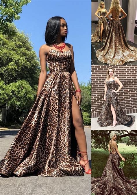A Line Spaghetti Straps Sweep Train Leopard Printed Prom Dress With