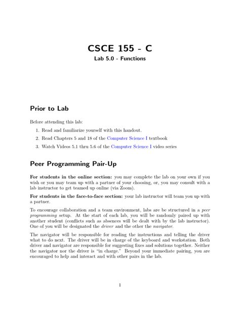 Lab 5 Functions Csce 155e Pdf