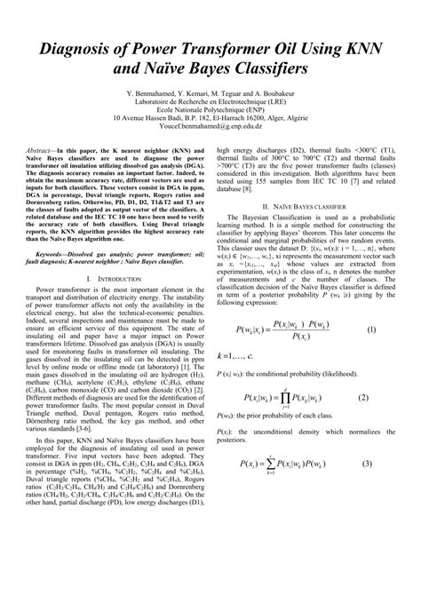 Pdf Diagnosis Of Power Transformer Oil Using Knn And Naïve Bayes Classifiers