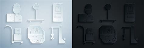 골판지 상자에 피자를 설정 응용 프로그램 배달 추적 핸드 트럭과 상자 하버 포트 크레인 규모와 배달 남자 아이콘과 휴대 전화