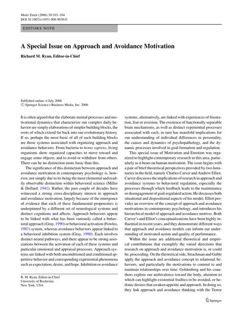 Pdf A Special Issue On Approach And Avoidance Motivation