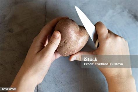 회색 대리석 테이블 상단의 배경에 여성의 손에 하트 모양의 감자와 부엌 칼 요리 음식 야채 청소 위에서 보기 가정 주방에 대한 스톡 사진 및 기타 이미지 Istock
