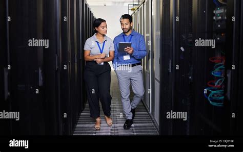 People Server Room And Teamwork On Tablet Cybersecurity Engineering And Programming Or Coding