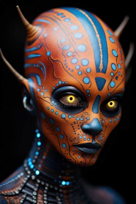 A Close Up Of A Painted Alien With Blue Skin And Yellow Eyes Ai Stock