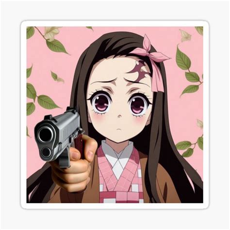 Nezuko Holding A Gun Meme Sticker For Sale By Animeray Redbubble