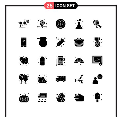 Set Of 25 Vector Solid Glyphs On Grid For Tennis Ball Cells Trees