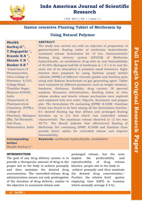 Pdf Gastro Retentive Floating Tablet Of Metformin By Using Natural Polymer