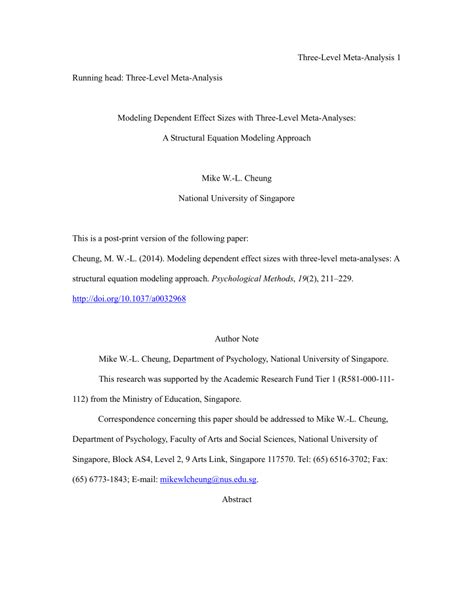 Pdf Modeling Dependent Effect Sizes With Three Level Meta Analyses A Structural Equation