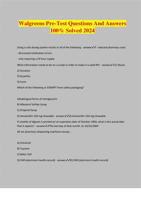 Walgreens Pre Test Questions And Answers 100 Solved 2024 Walgreens Stuvia Us