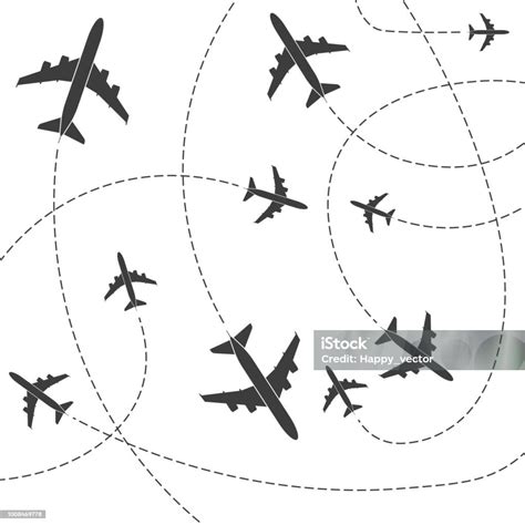 파선된 경로 라인 배경에 고립 된 비행기의 크리에이 티브 벡터 일러스트 아트 디자인 비행기 하늘 경로입니다 항공 교통 프레 젠 테이 션에 대 한 추상적인 개념 그래픽 요소