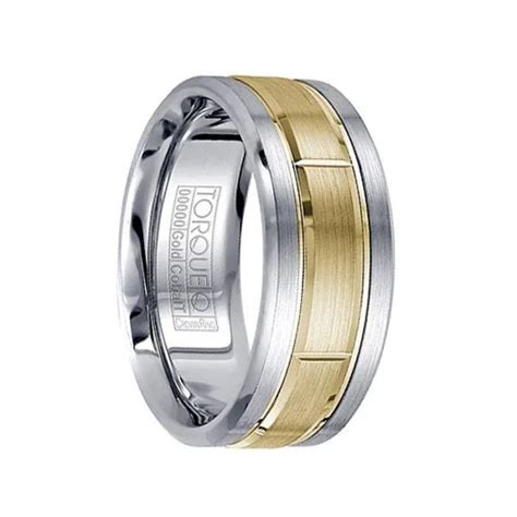 Brushed White Cobalt Mens Wedding Band 14k Yellow Gold Inlay With Gro