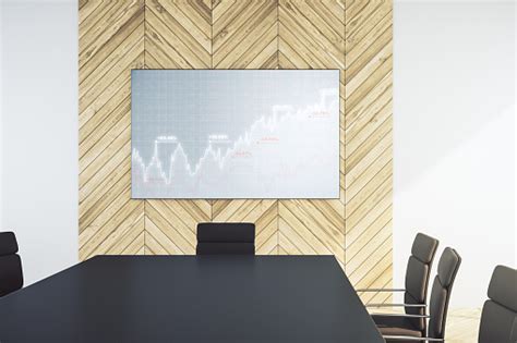 현대 회의실 은행 및 회계 개념의 프리젠 테이션 모니터에 대한 추상적 인 재무 다이어그램 3d 렌더링 0명에 대한 스톡 사진 및