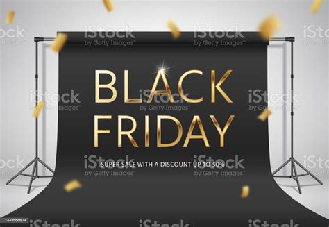 블랙 프라이데이 세일 새로운 프리미엄 배너 날아다니는 금 색종이 사진이 있는 사진 스튜디오 파티 초대 황금 텍스트 3차원 형태에 대한 스톡 벡터 아트 및 기타 이미지