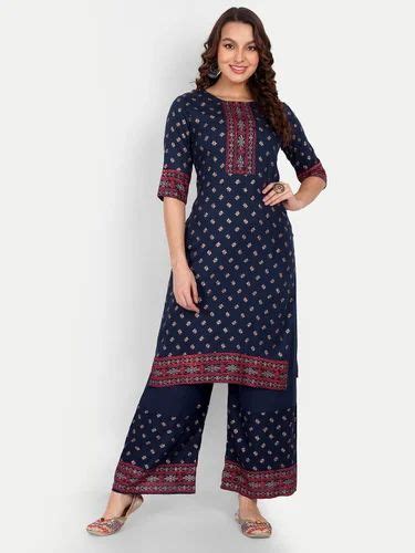Navy Blue Rayon Printed Kurti Palazzo Set Straight At ₹ 299piece In Surat