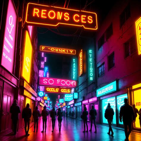 People Walking Down A City Street At Night With Neon Signs Seaart Ai