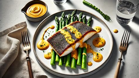 Filet Of Wild Sea Bass With Asparagus And Hollandaise Sauce Elegant