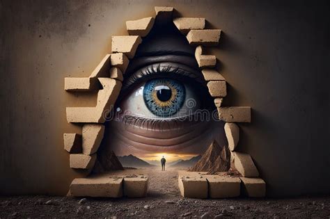 Person Hiding From View Behind A Wall Or Other Structure With All Seeing Eye Peering Out Stock