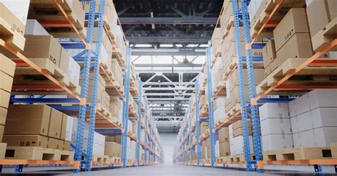 팔레트 랙 물류 센터에 골판지 상자가 있는 창고 거대하고 큰 현대 창고 선반에 골판지 상자로 채워진 창고 상자는 팔레트