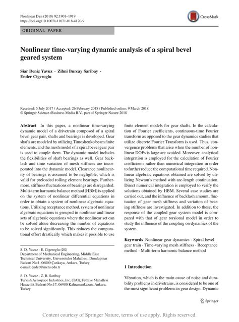 Nonlinear Time Varying Dynamic Analysis Of A Spiral Bevel Geared System Request Pdf