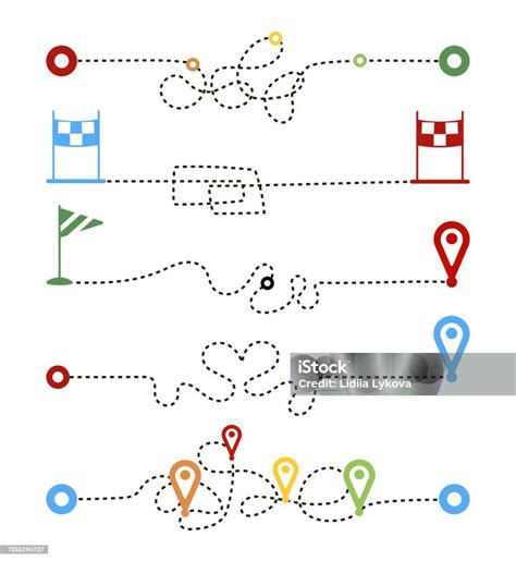 흰색 배경에서 격리된 파선 경로 설정합니다 전송 추적 여행 지도 핀 위치 핀 비즈니스 그래프 심리 치료 목표에 가는 길에 조언에 대한 스톡 벡터 아트 및 기타 이미지