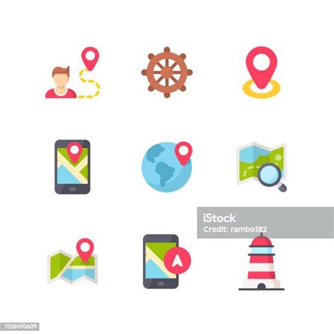 탐색 플랫 아이콘입니다 픽셀 완벽한 모바일 및 웹용 네비게이션 지도 위치 Gps 여행 포인터 스틱 지도 제작과 같은 아이콘이 포함되어 있습니다 개념에 대한 스톡 벡터 아트