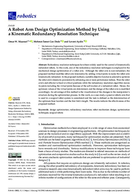 pdf a robot arm design optimization method by using a kinematic