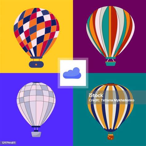 열기구 고도에서 엔터테인먼트 여행 축제 여행 레크리에이션 또는 스포츠를위한 교통편 흰색 배경에 격리된 요소입니다 벡터 이미지입니다 개체 그룹에 대한 스톡 벡터 아트 및 기타