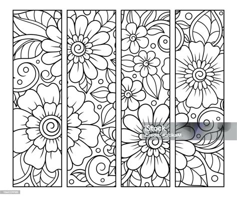 책 책 책갈피 색칠 꽃 낙서 패턴과 검은 색과 흰색 라벨의 세트 멘디 스타일로 손으로 그립니다 컬러 연필어린이와 어른의 창의력을 위한 장식품 스케치 검은색에 대한 스톡 벡터