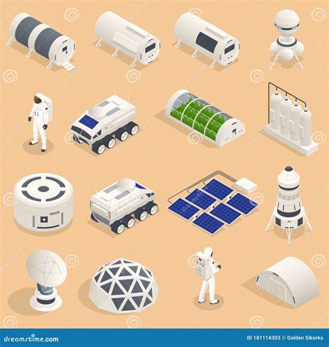 Isometric Set Of Icons Space Equipment And Vehicles Of Space Exploration With Rockets Artificial