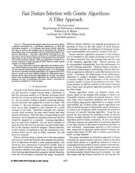 Pdf Fast Feature Selection With Genetic Algorithms A Filter Approach