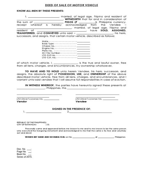 Deed Of Sale Of Motor Vehicle Template Pdf Download Templates Sample