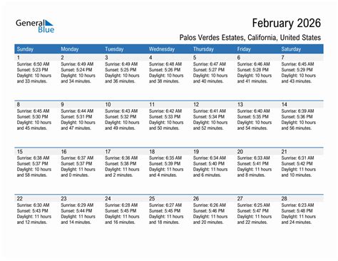 February 2026 Sunrise And Sunset Calendar For Palos Verdes Estates