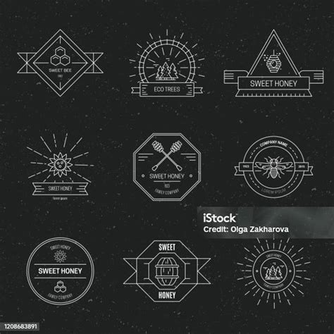 양봉 테마 선형 로고 유형 벡터 템플릿 집합입니다 꿀벌 공장 힙스터 로고 팩 미드 제조 회사 개요 엠블럼 디자인 타이포그래피가 있는 얇은 선 그림을 심볼하는 양조 로고에