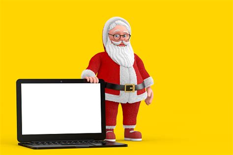 만화 쾌활한 산타클로스 할아버지 현대 노트북 컴퓨터 노트북과 디자인을 위한 빈 화면 3d 렌더링 겨울에 대한 스톡 사진 및 기타 이미지 Istock