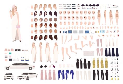 세련된 유명인 여성 애니메이션 세트 또는 Diy 키트 신체 요소 제스처 자세 세련된 이브닝 의상 번들 여성 만화 캐릭터입니다 전면 측면 후면 모습입니다 평면