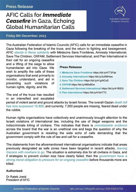 Afic Media Statement Calling For Immediate Ceasefire In Gaza